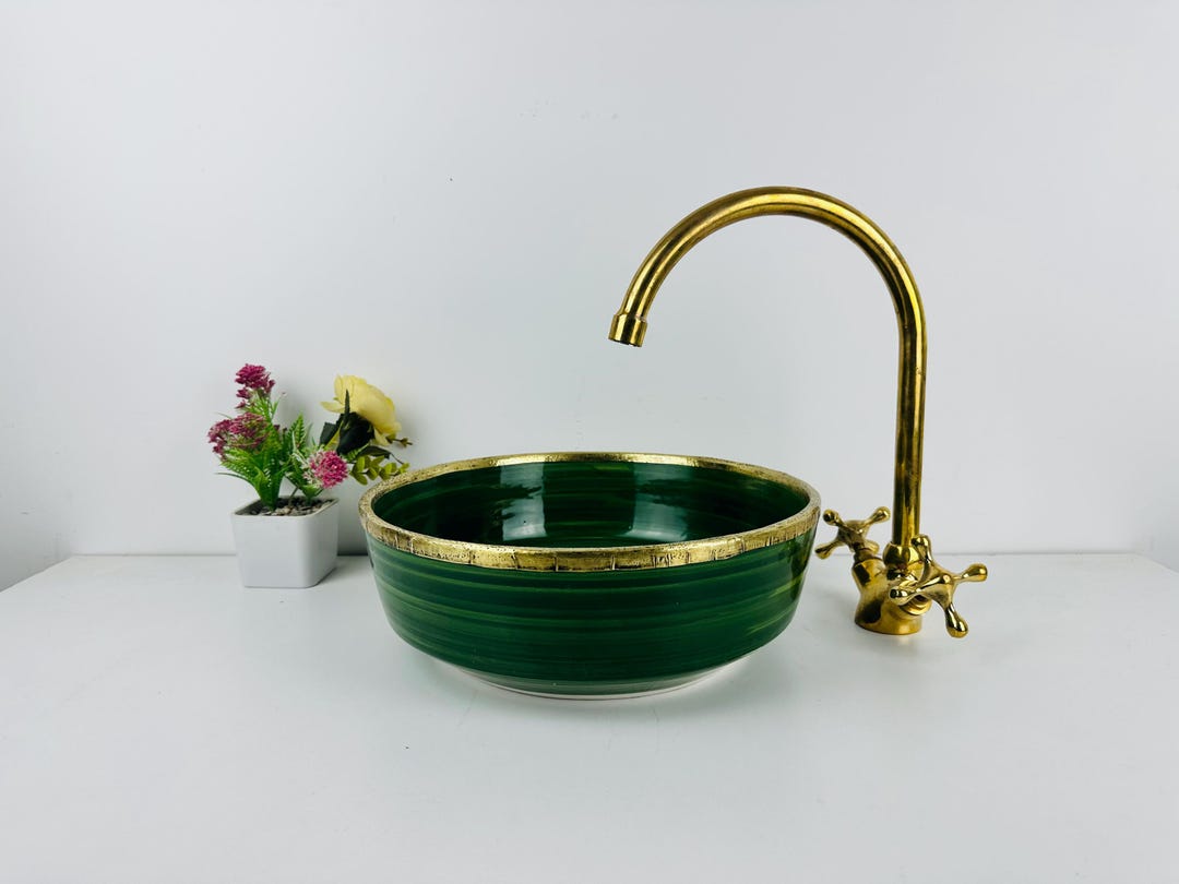 Emerald Green Antique Sink With Brass Rim Edge, Vanity Vessel Sink ...