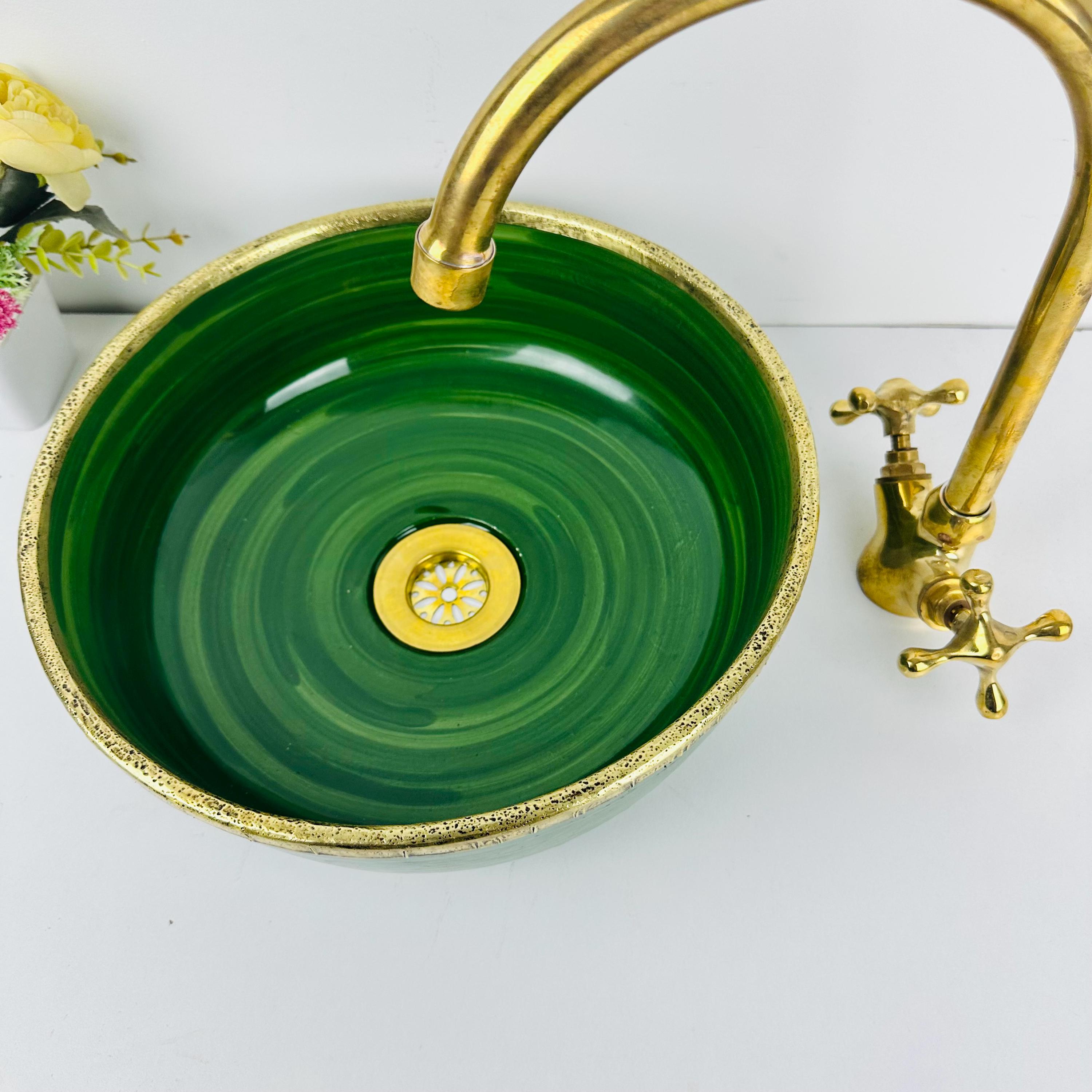 Emerald Green Antique Sink With Brass Rim Edge, Vanity Vessel Sink ...
