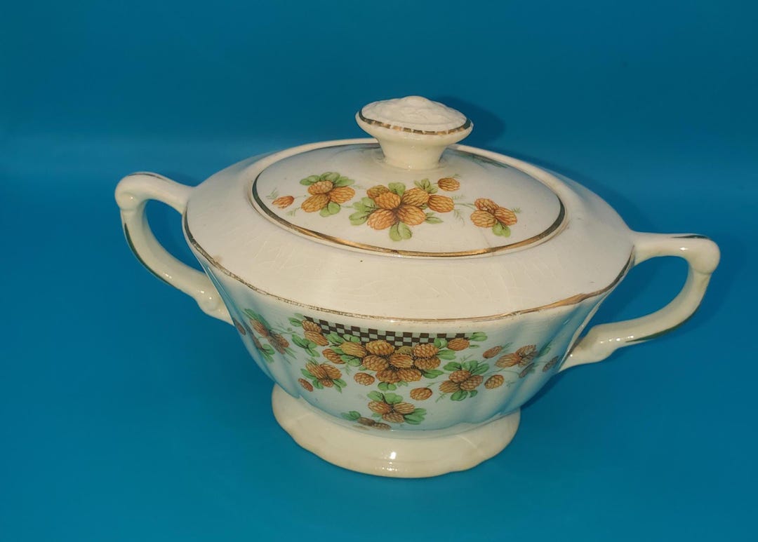 Vintage Crown Potteries Sugar Bowl: Orange Clover Floral Pattern ...