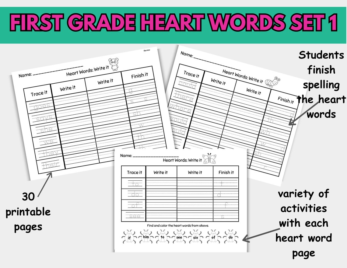 First Grade Heart Words Set First Grade Printable First Grade Printable ...