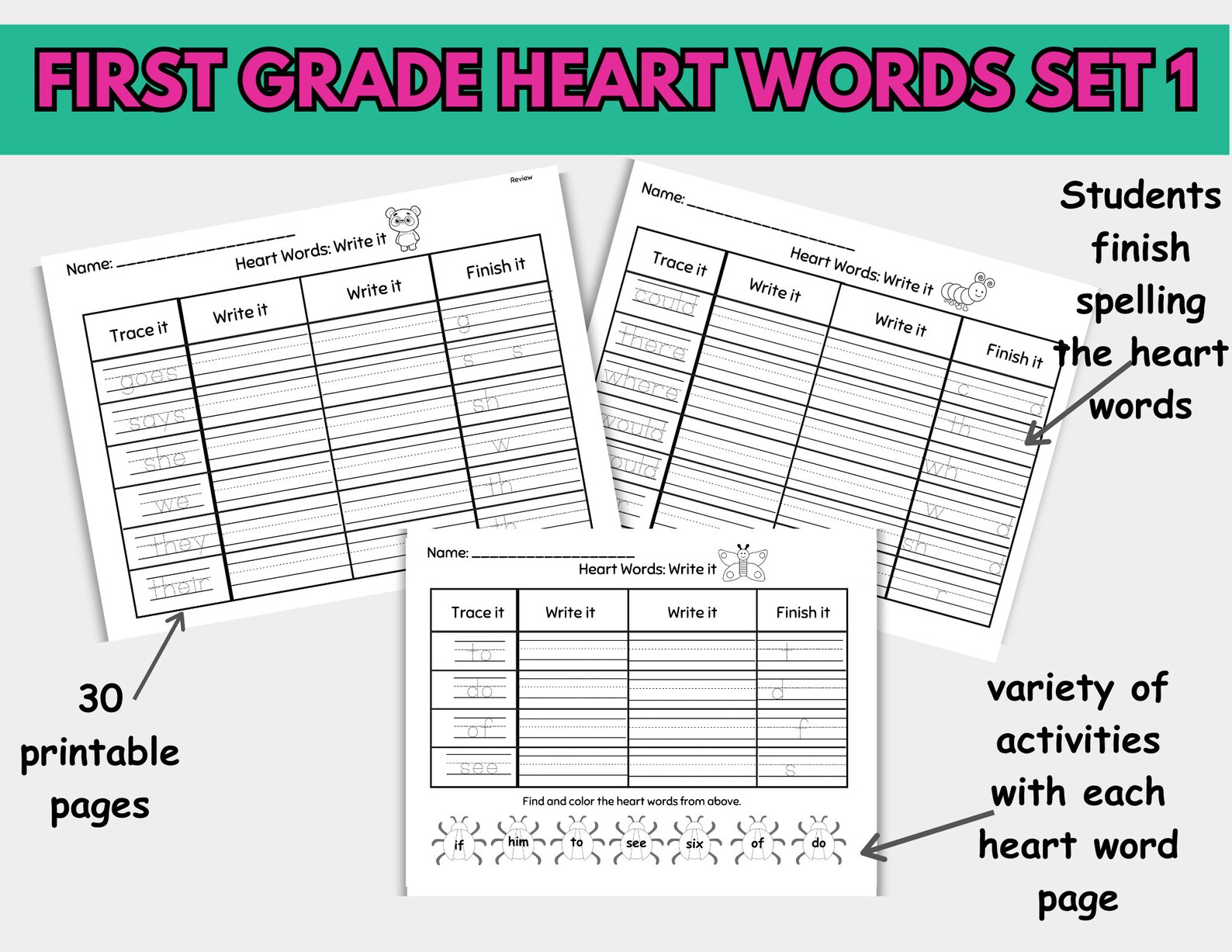 First Grade Heart Words Set First Grade Printable First Grade Printable ...