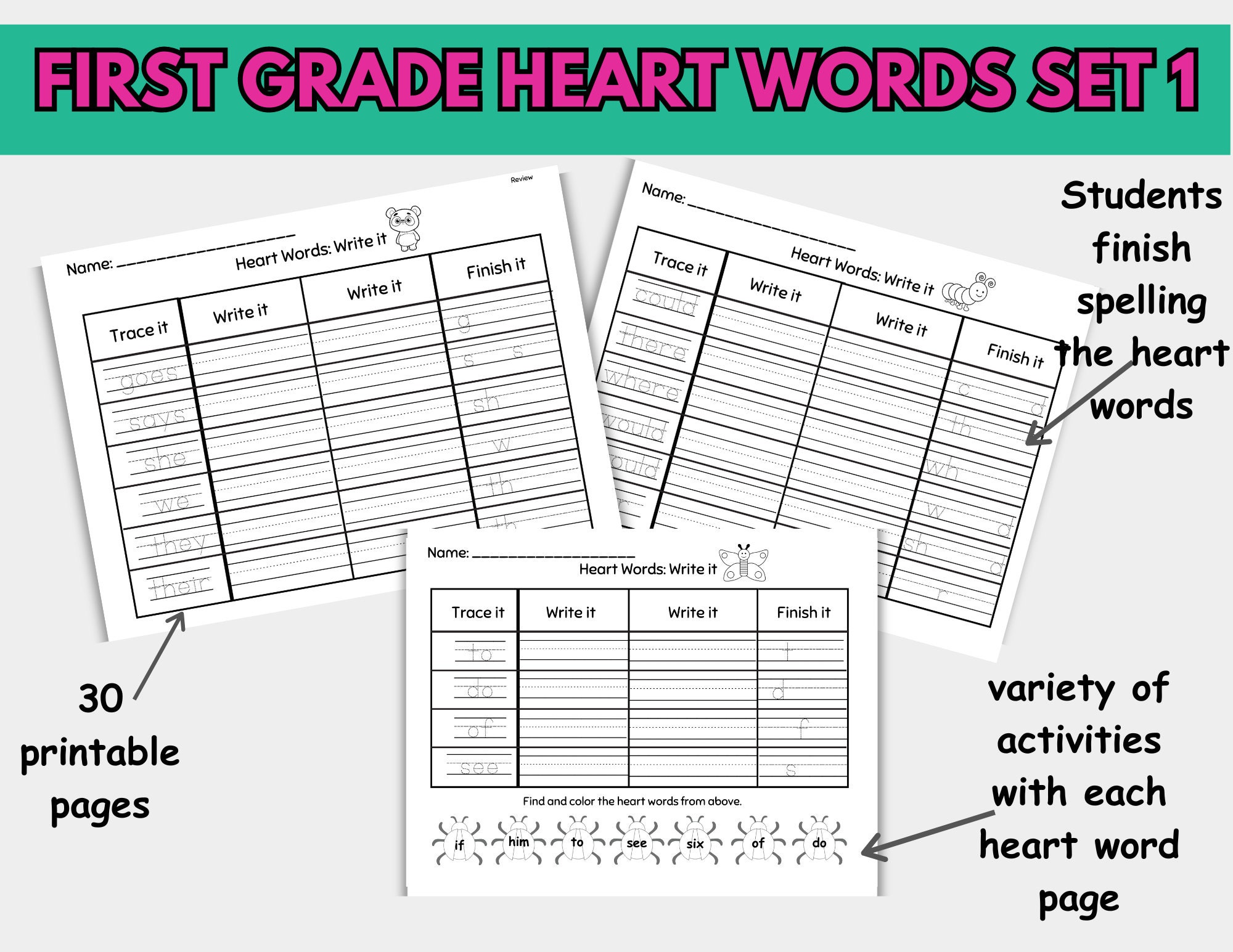 First Grade Heart Words Set First Grade Printable First Grade Printable ...
