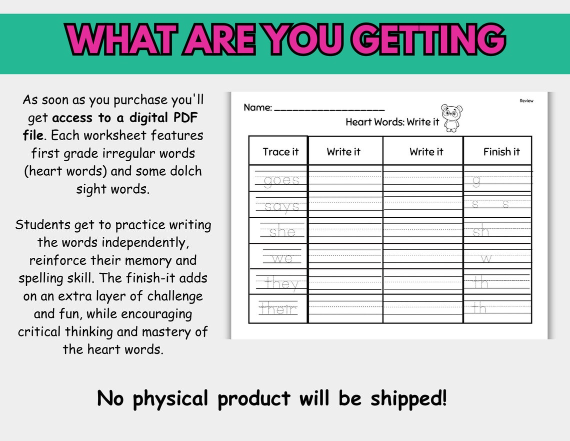 First Grade Heart Words Set First Grade Printable First Grade Printable ...