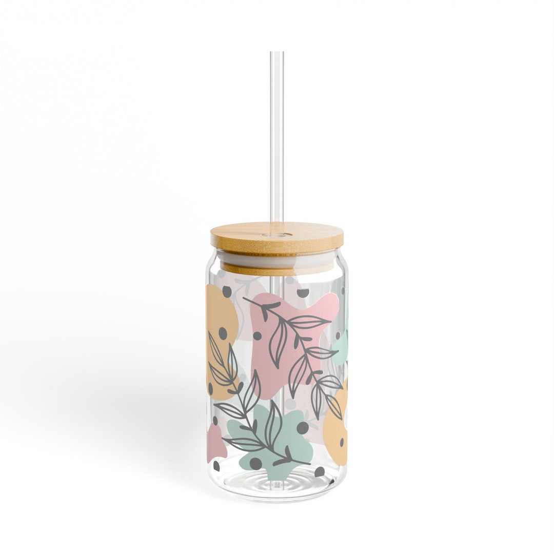 Dots and Floral Glass Sipper Cup - Stylish 16oz Clear Glass Tumbler ...