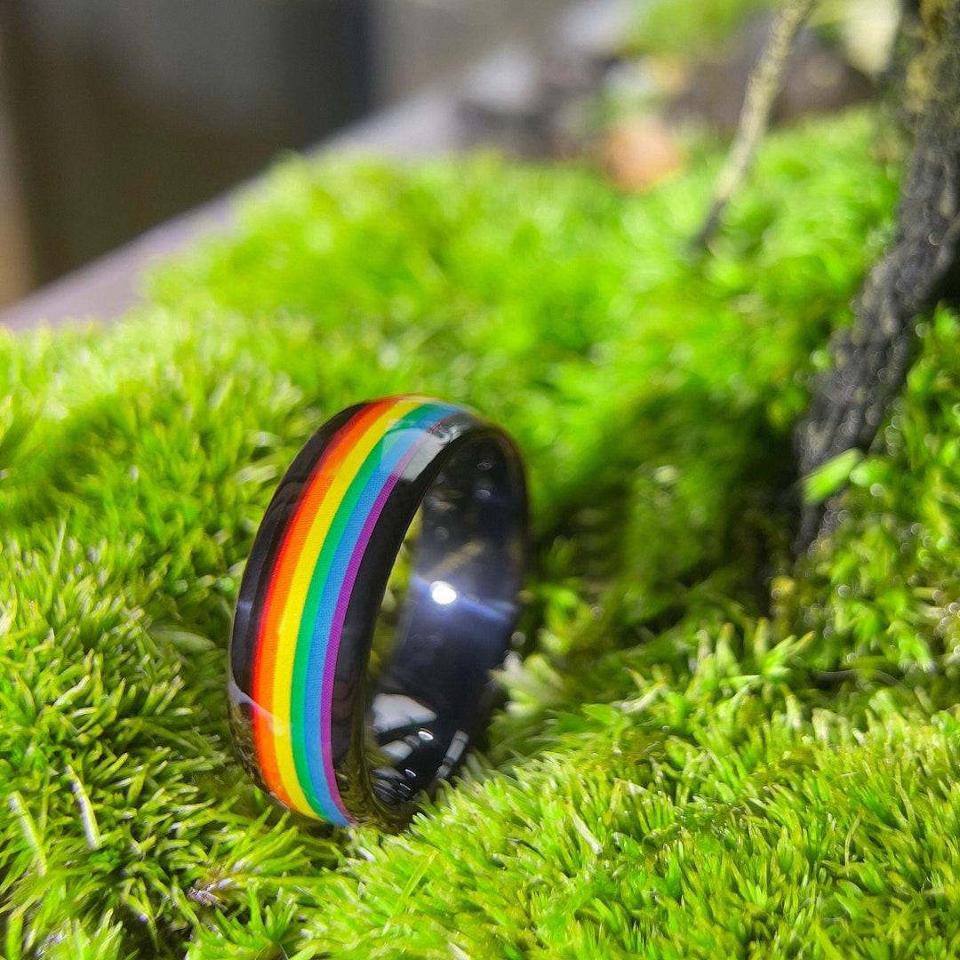 Gay Pride LGBT Tungsten Rainbow Ring Wedding Band Black Men Women ...