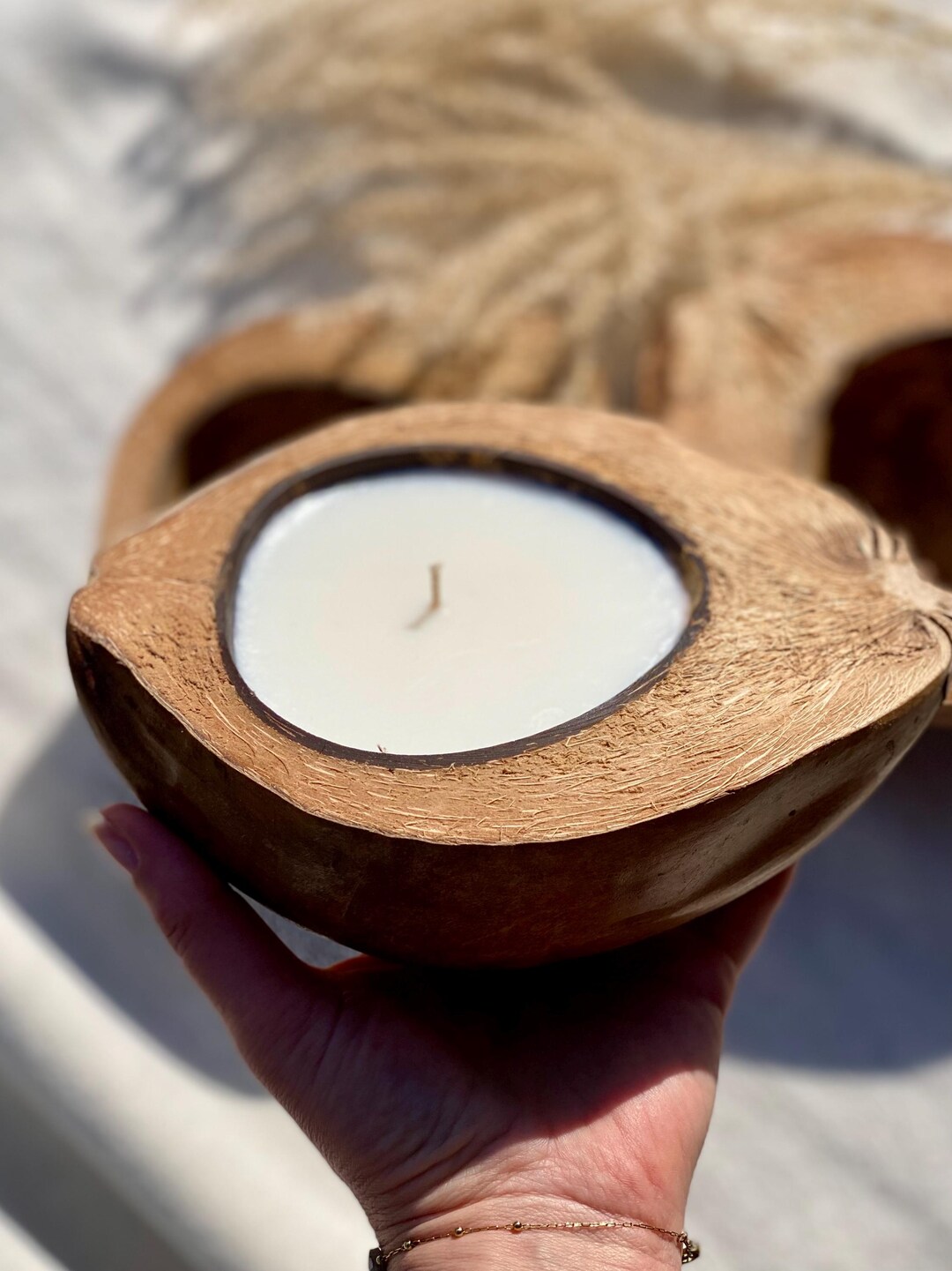 Vela de casca de coco, cera de coco natural, decoração boho ecológica ...