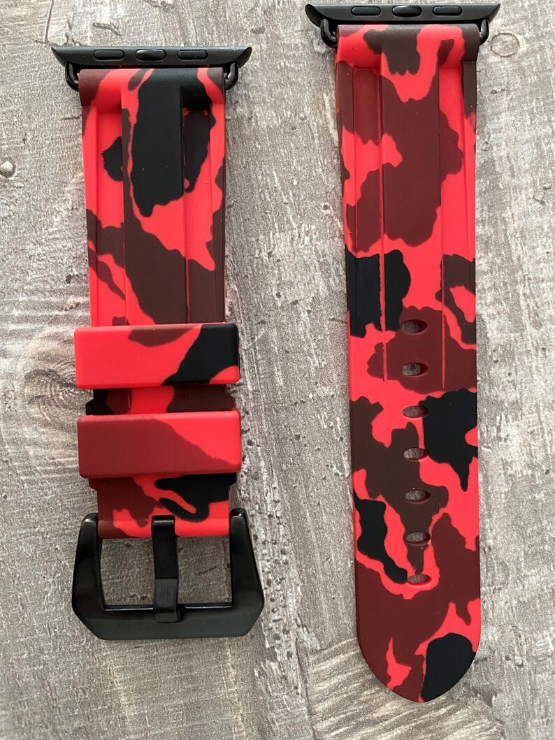 Red Camo Silicone Rubber Diving Watch Strap Band for Apple Watch 42/44 ...