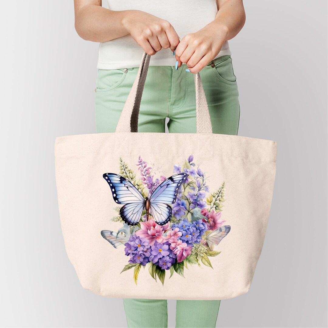Cottagecore Tote Bag, Tote Bag Colorful Butterfly, Watercolor Floral ...