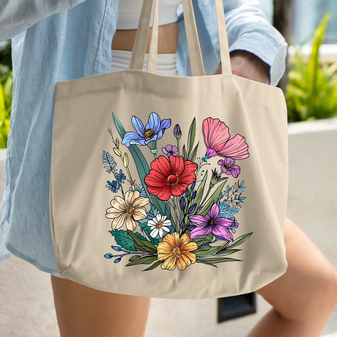 Watercolor Boho Wildflowers Canvas Tote Bag, Floral Tote Bag,botanical ...
