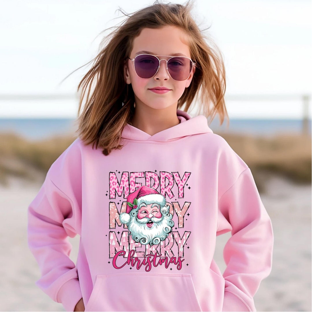 Retro Merry Christmas Pink Santa Sweatshirt, Youth Christmas Hoodie ...