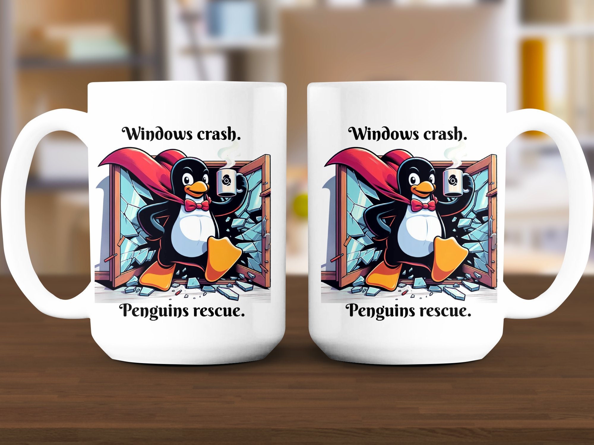Windows Crash, Penguins Rescue Mug, Tux Penguin With Coffee, Funny Tech ...