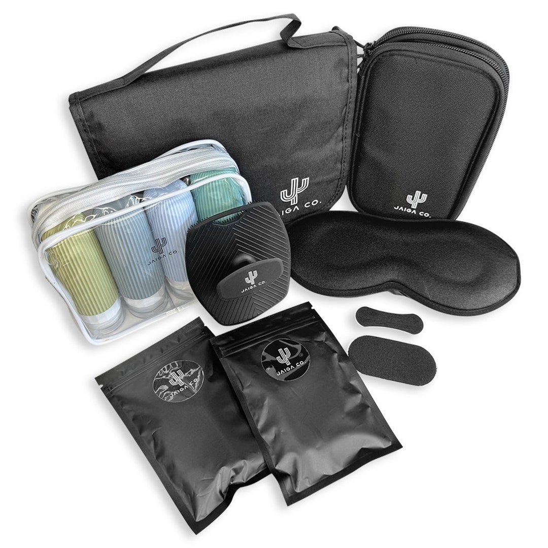 Essentials Travel Bundle Small Cable Organiser, Toiletry Bag, Eye Mask, Silicone Bottles, Travel ...