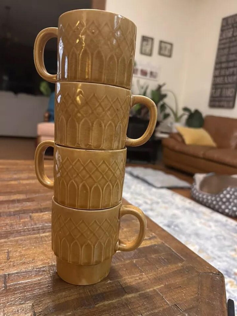 Mid Century Modern Mugs Set of Four Honey Colored Stackable Stoneware ...