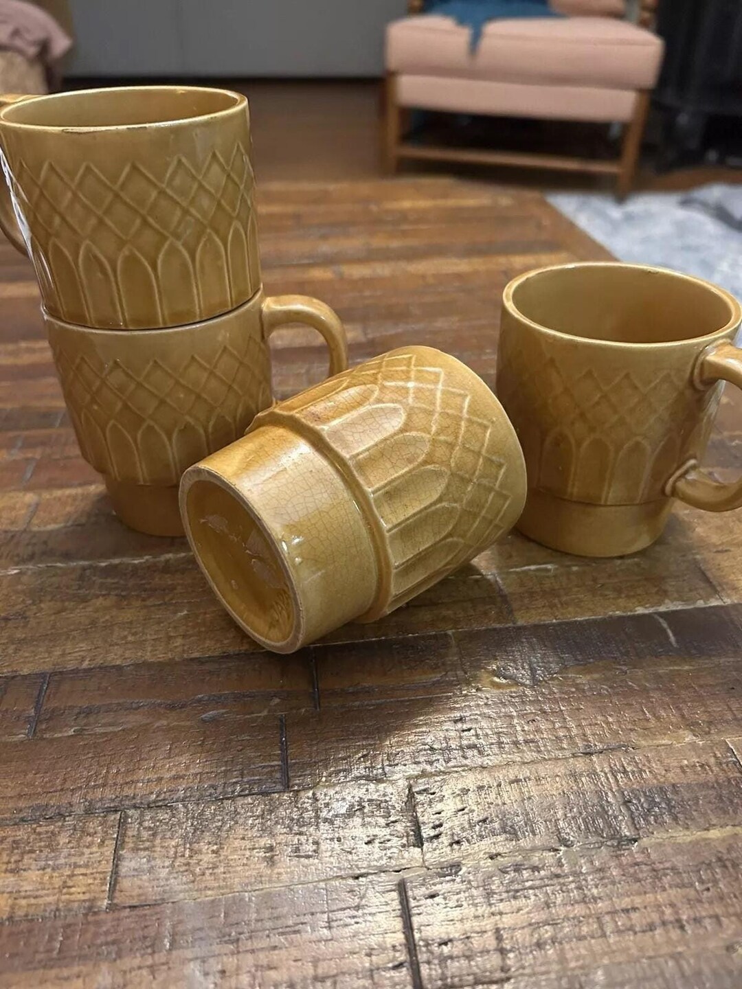 Mid Century Modern Mugs Set of Four Honey Colored Stackable Stoneware ...