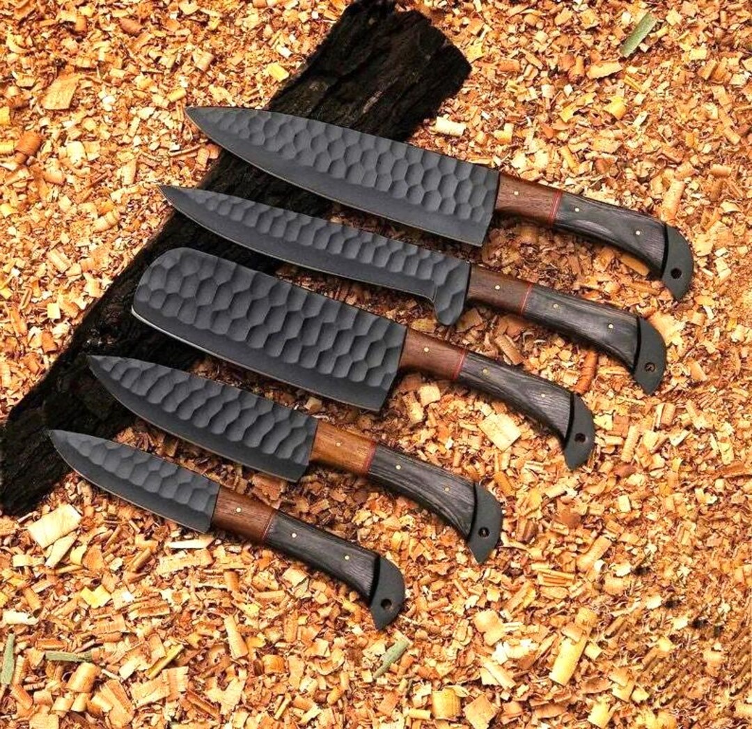 Hand Forged Damascus Steel Chef Set 5pcs With Leather Cover, HANDMADE ...