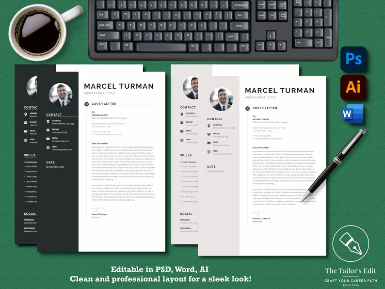 Professional Resume CV Template | Editable PSD, Word, AI Formats - Etsy