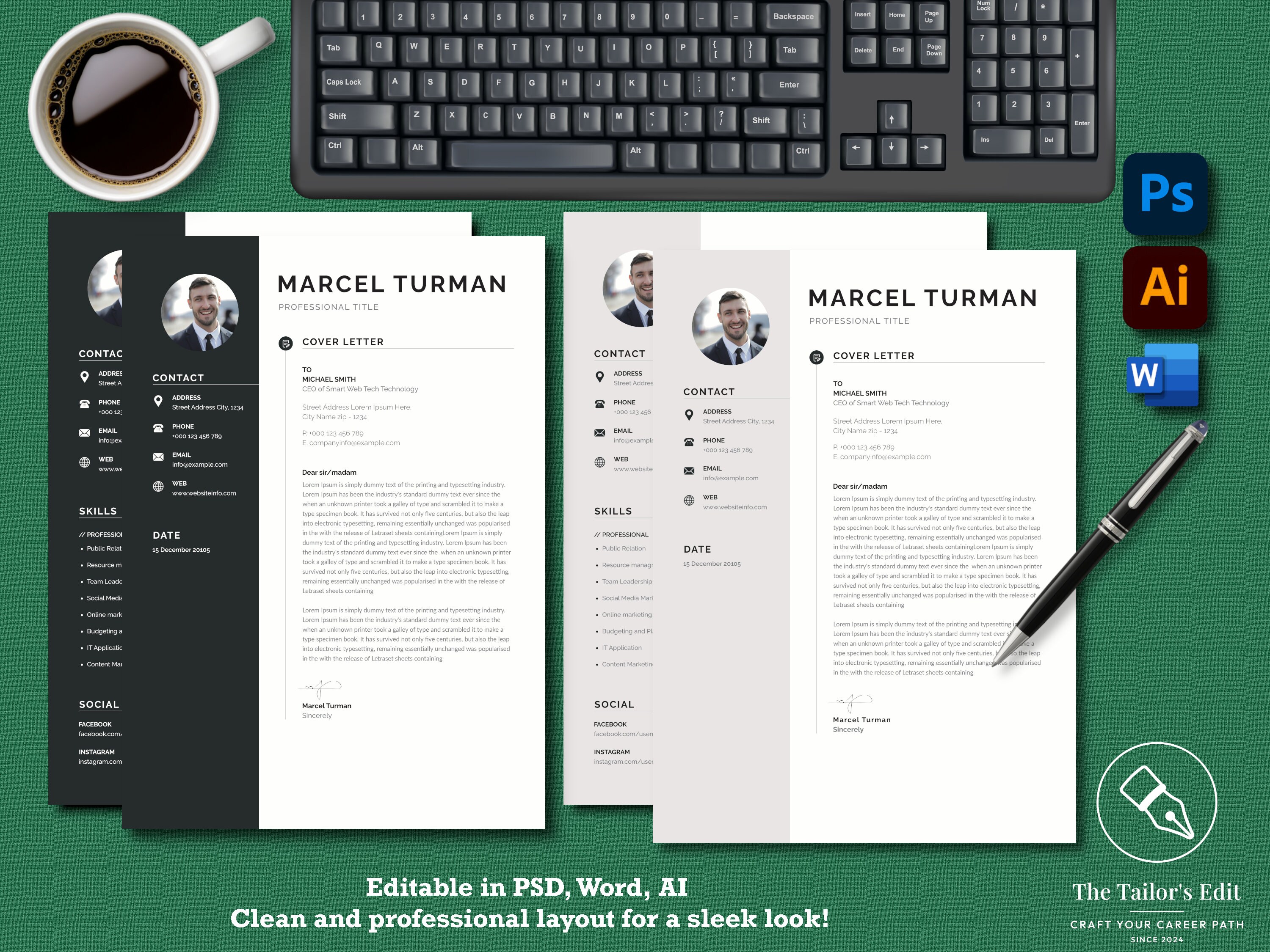 Professional Resume CV Template | Editable PSD, Word, AI Formats - Etsy
