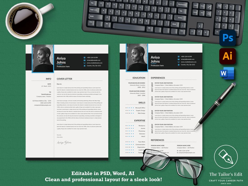 Modern Resume Template - Word, PSD, AI Files - Etsy