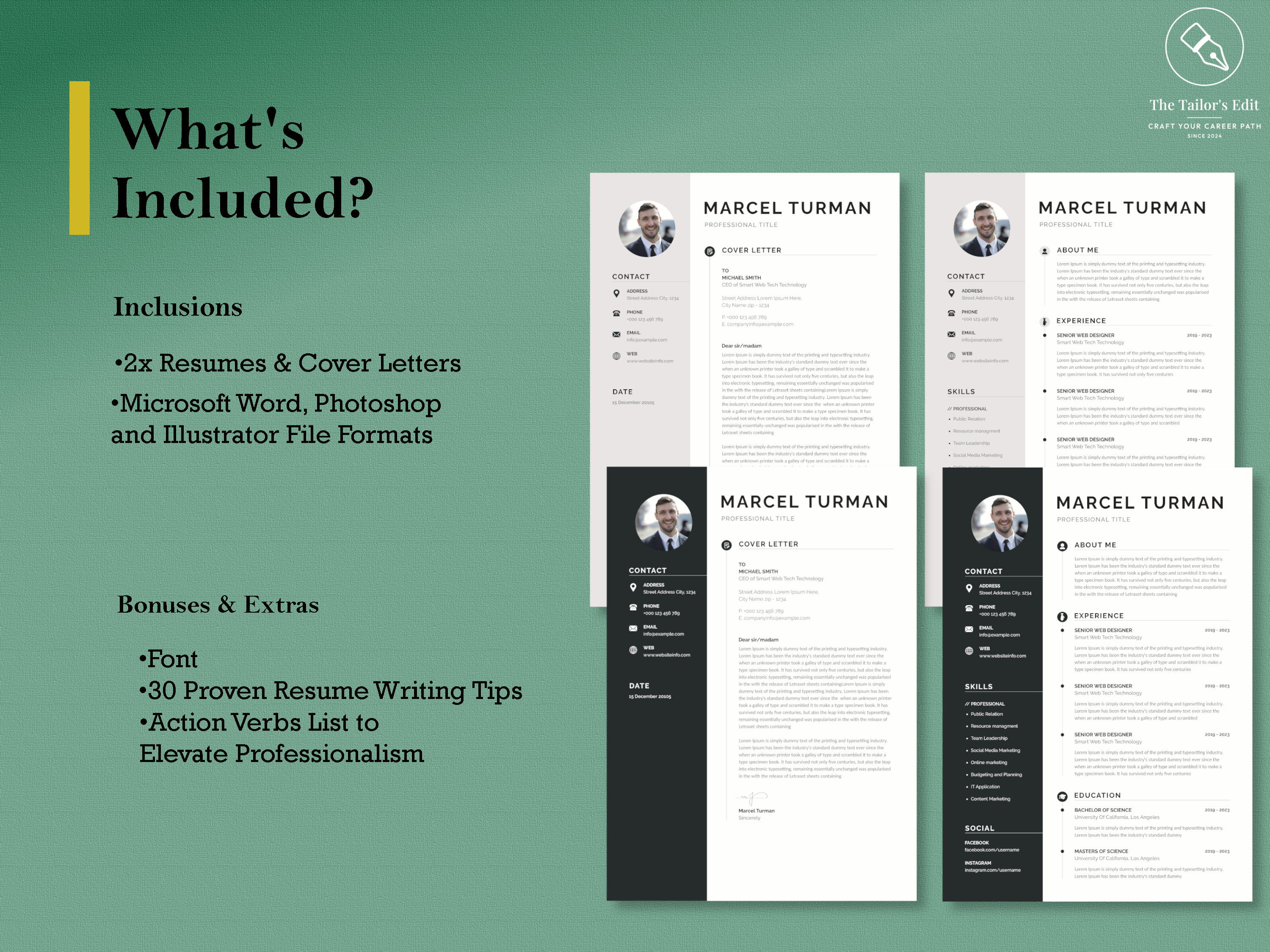 Professional Resume CV Template | Editable PSD, Word, AI Formats - Etsy