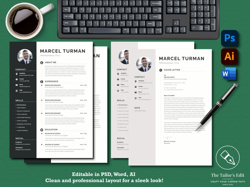 Professional Resume CV Template | Editable PSD, Word, AI Formats - Etsy