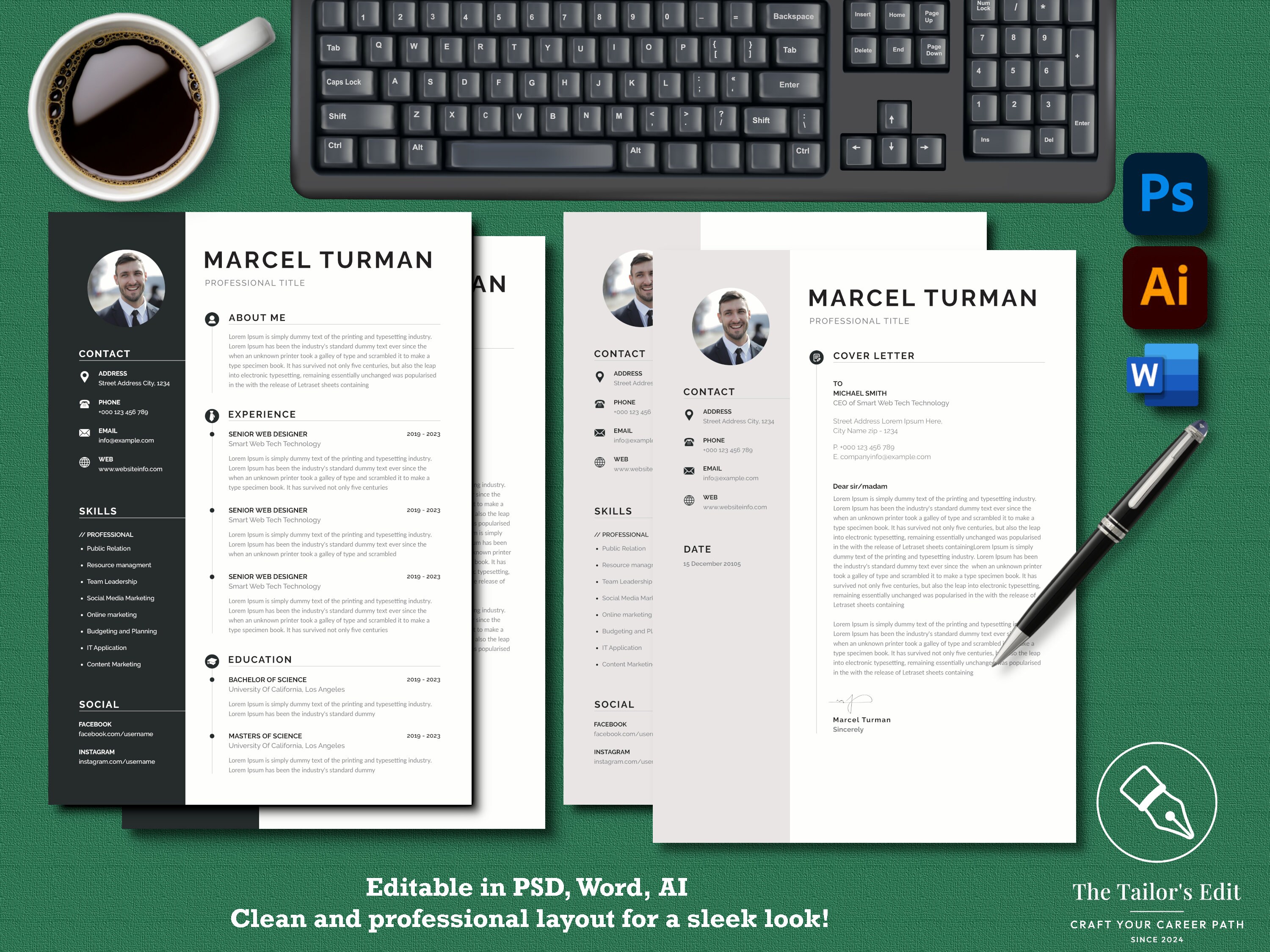 Professional Resume CV Template | Editable PSD, Word, AI Formats - Etsy