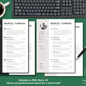 Professional Resume CV Template | Editable PSD, Word, AI Formats - Etsy