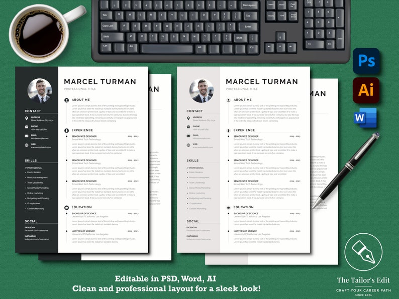 Professional Resume CV Template | Editable PSD, Word, AI Formats - Etsy