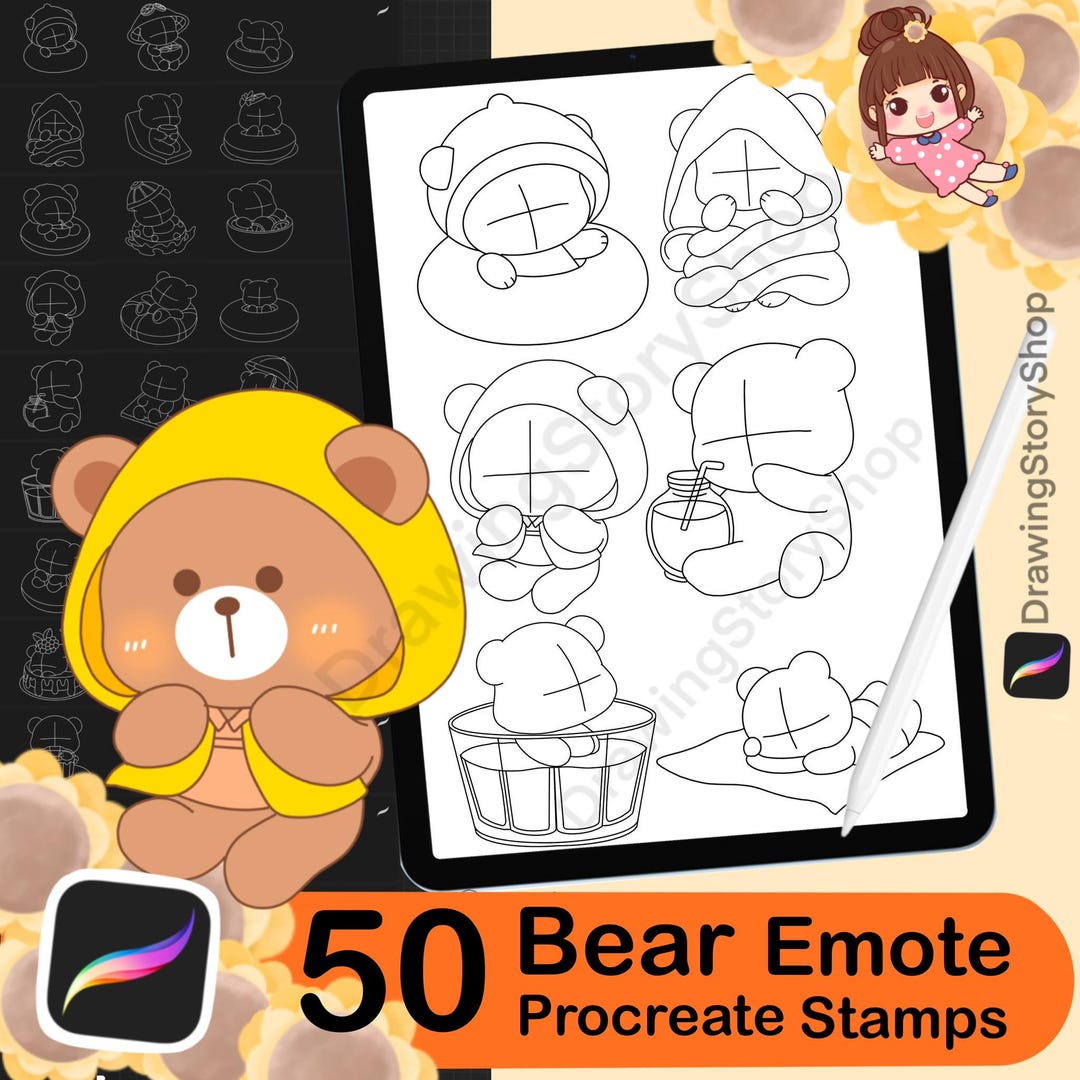 50 Bear Procreate Stamp Brushe Chibi Character Emote Set Cute Pose ...