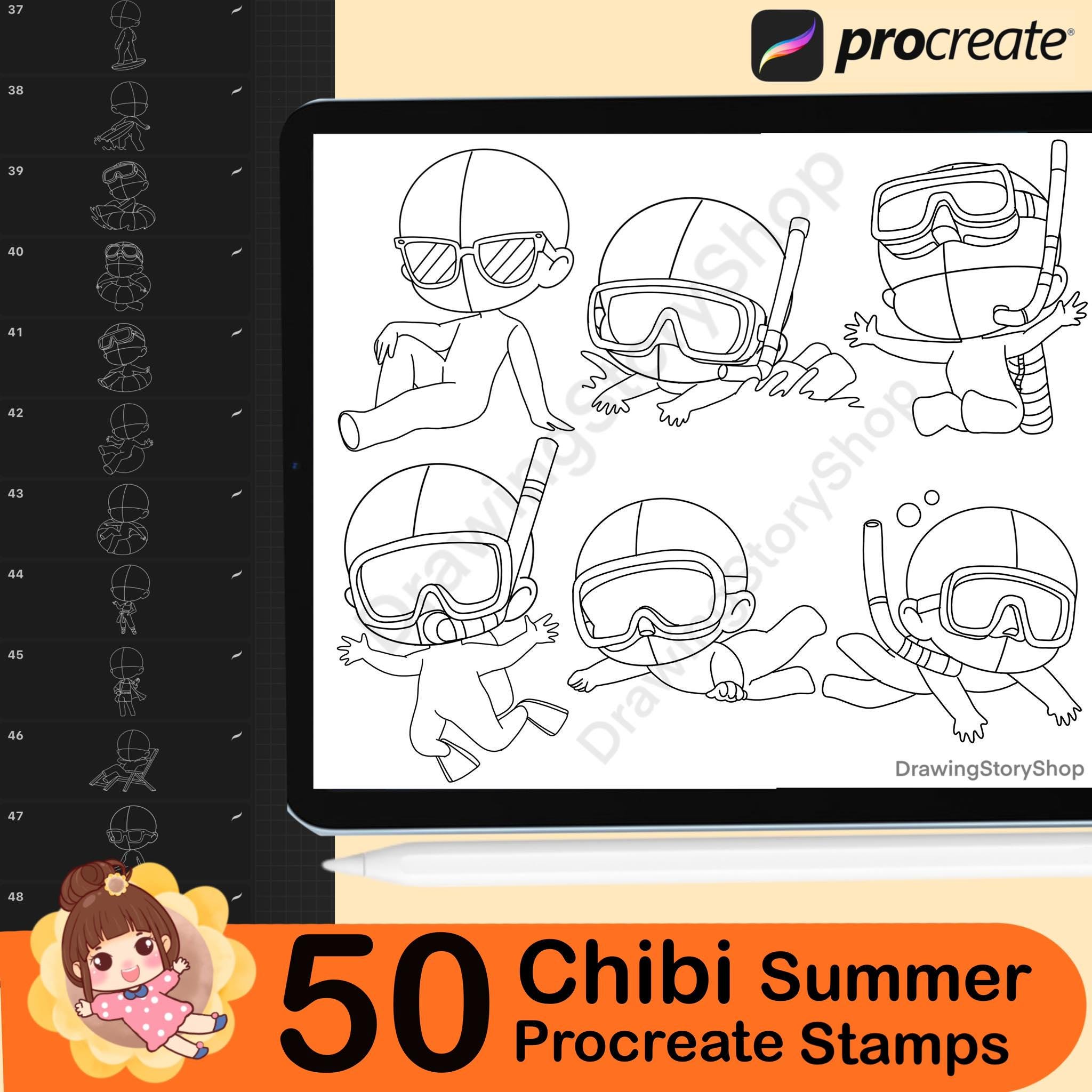 50 Procreate Chibi Summer Stamp, Procreate Chibi Poses Stamps, Summer ...