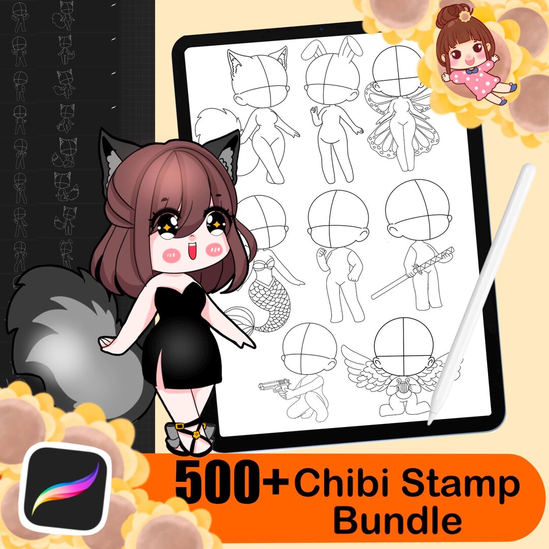 500+ Procreate Chibi Stamp Brushes, Chibi Body Guides,hair Stamps ...