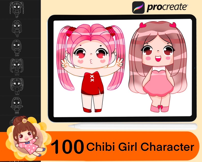 100 Procreate Chibi Girl Character Stamps, Chibi Girl Stamps , Chibi ...
