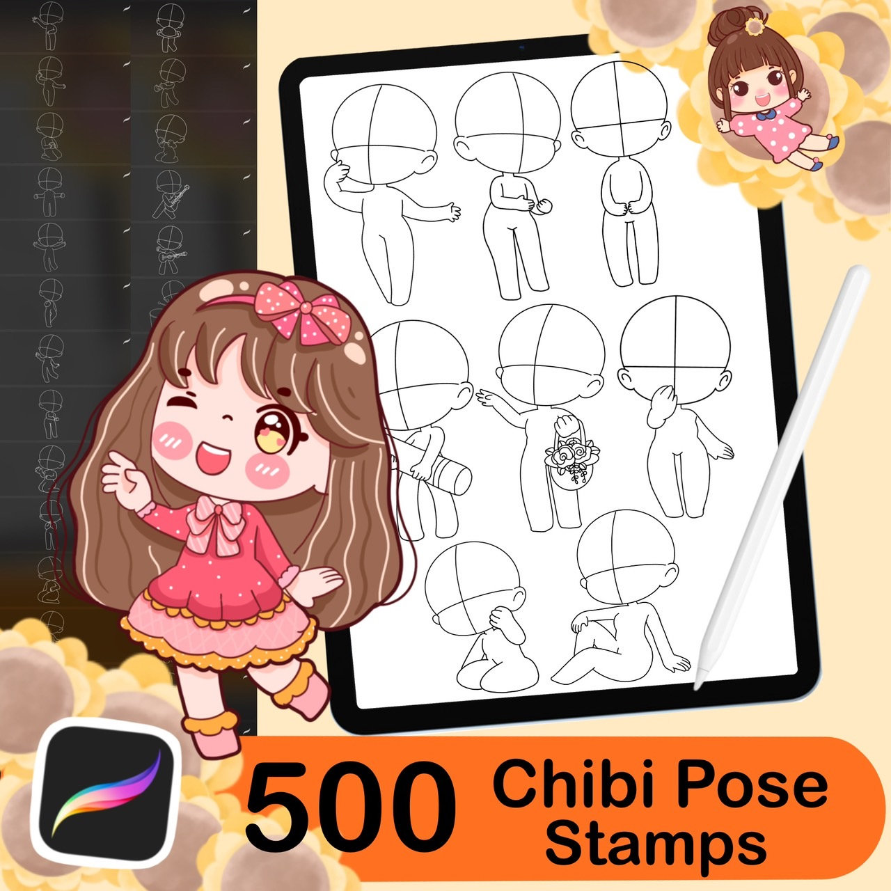 500 Base Chibi Procreate Body Pose Stamps ,procreate Chibi Pose Stamps ...