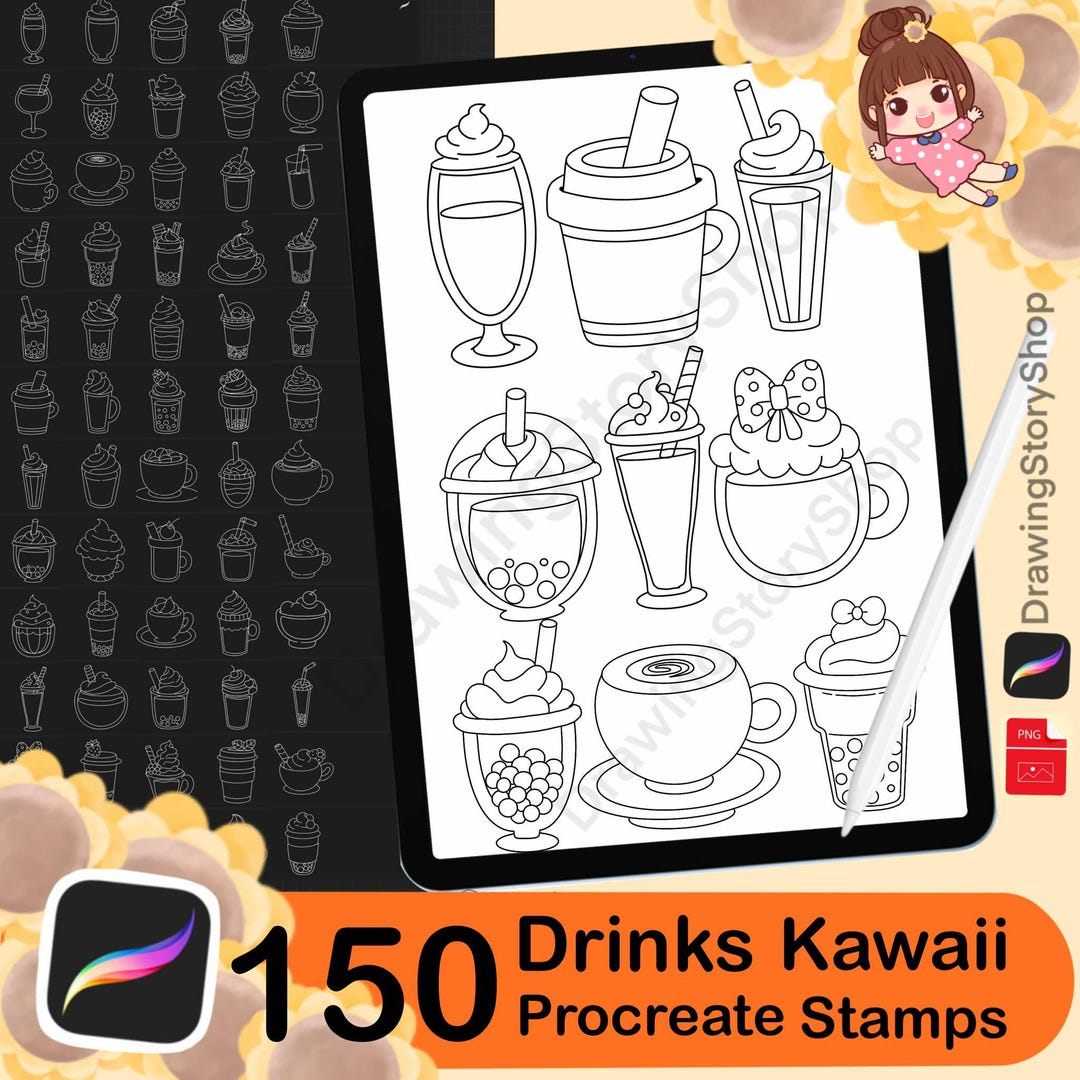 150 Procreate Coffee Stamps , Coffee and Tea Procreate Stamps , Drinks ...