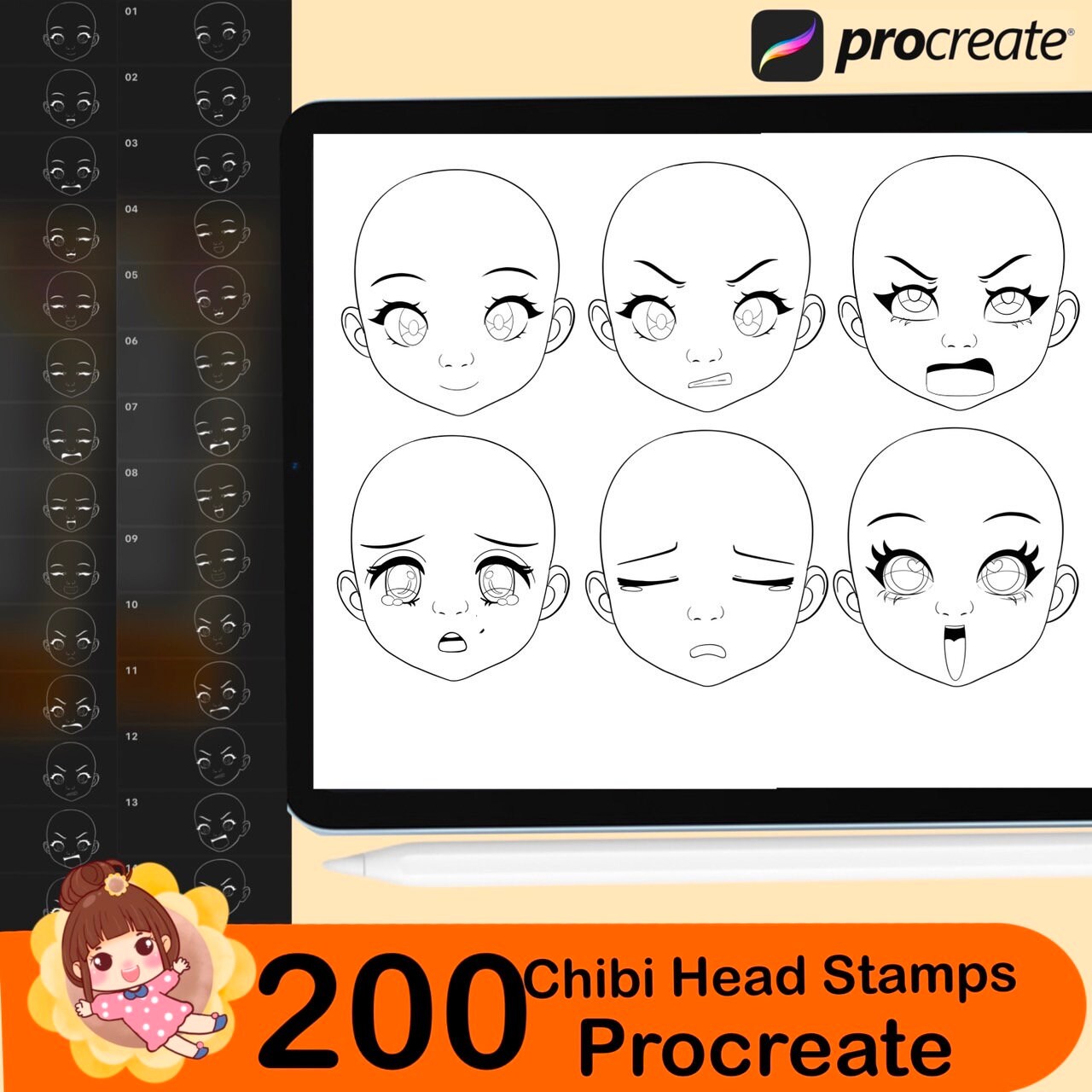 200 Procreate Chibi Head Stamps , Procreate Chibi Emote Brushes, Chibi ...