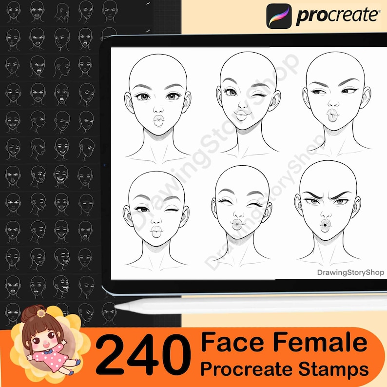 240 Procreate Face Female Brushes Stamp, Procreate Head Stamps ...