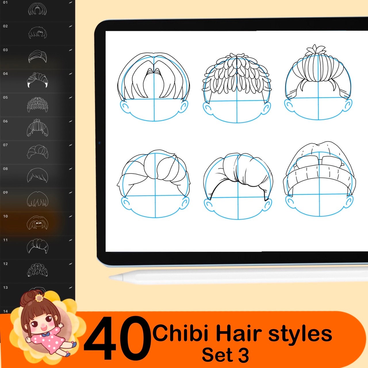 140 Procreate Hair Stamp Brushes, Chibi Hair Brushes, Hairstyles Stamps ...