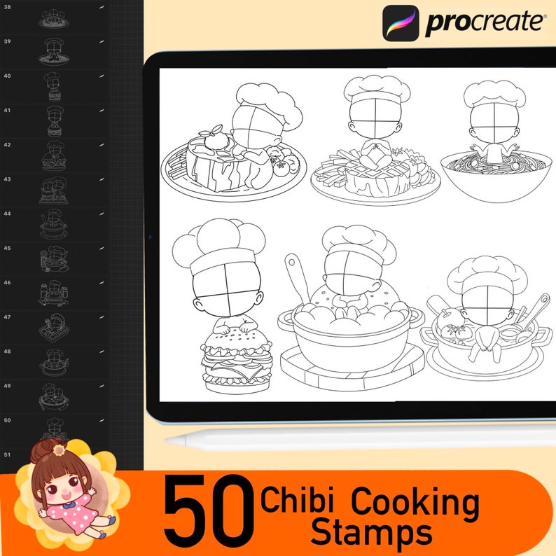 50 Procreate Chibi Cooking Poses Stamps, Cute Anime Manga, Cooking ...