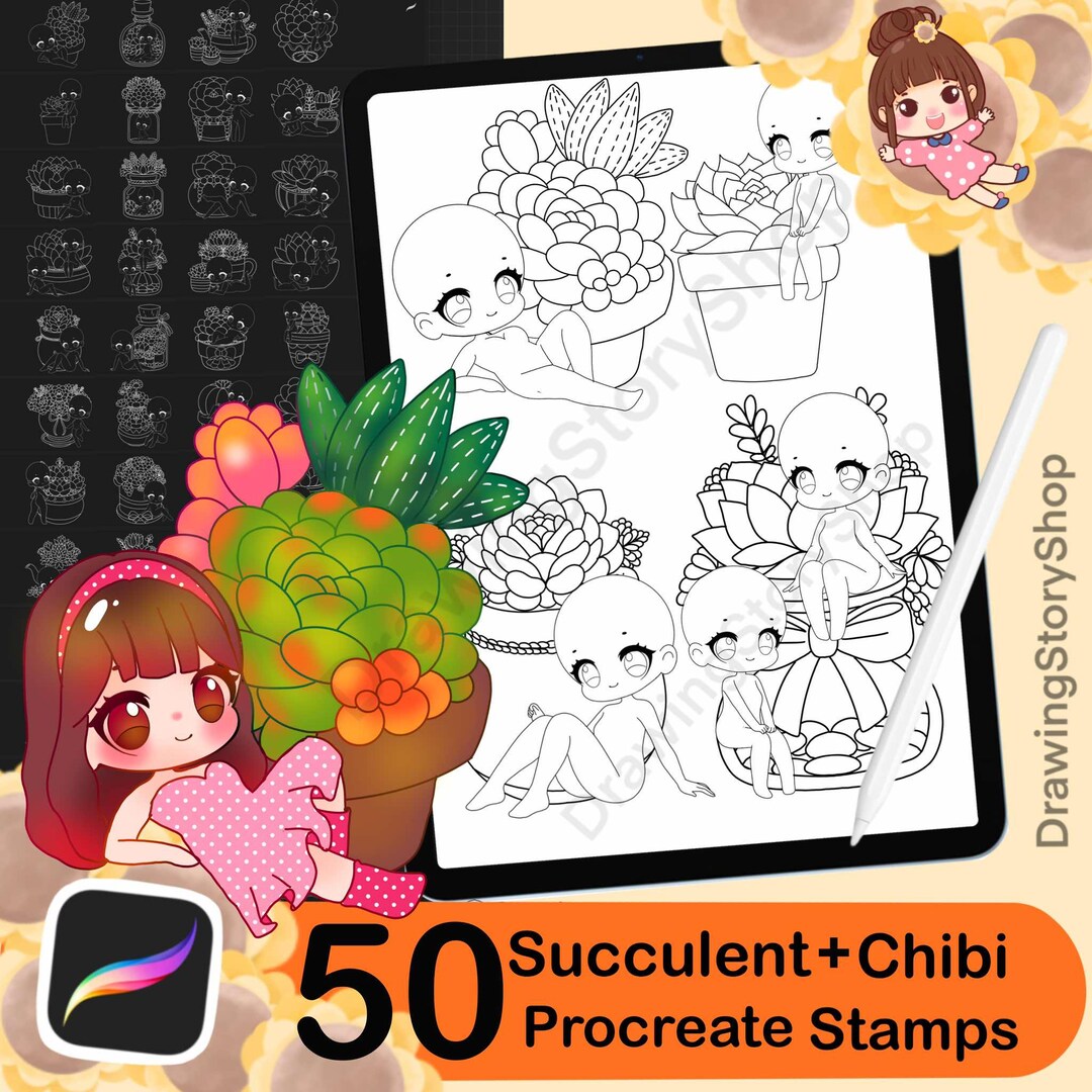 50 Procreate Succulent & Chibi Pose Stamps, Cactuses Stamps ,bases ...