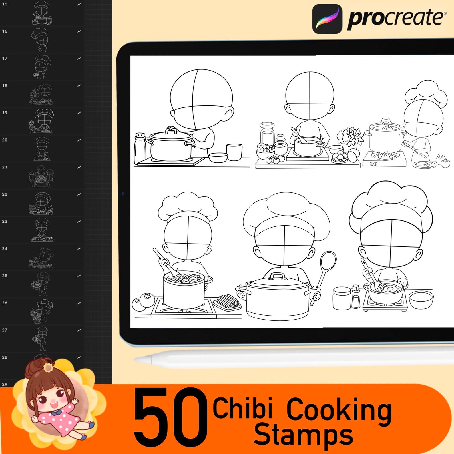 50 Procreate Chibi Cooking Poses Stamps, Cute Anime Manga, Cooking ...