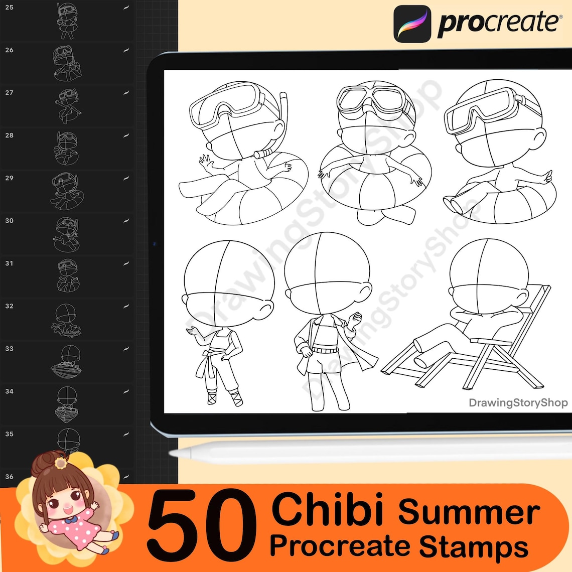 50 Procreate Chibi Summer Stamp, Procreate Chibi Poses Stamps, Summer ...