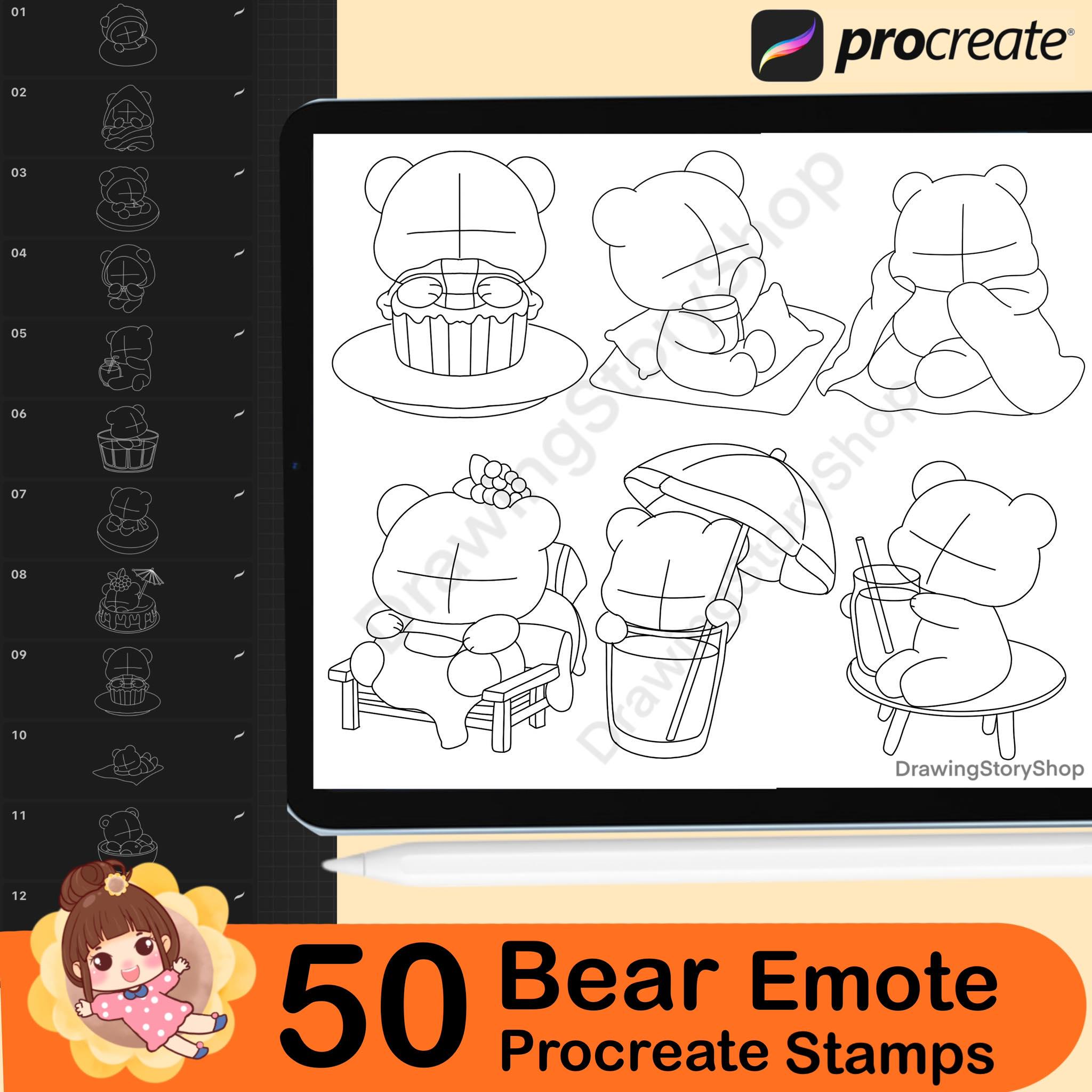 50 Bear Procreate Stamp Brushe Chibi Character Emote Set Cute Pose ...