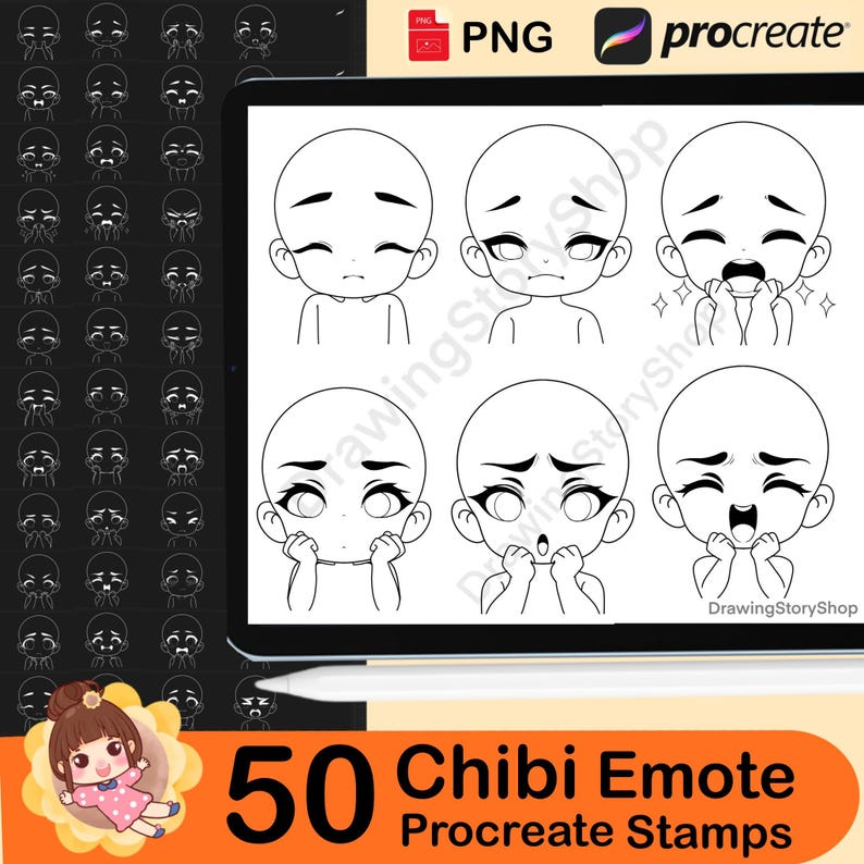 50 Chibi Emote Stamps for Procreate, Chibi Character Brush, Procreate ...