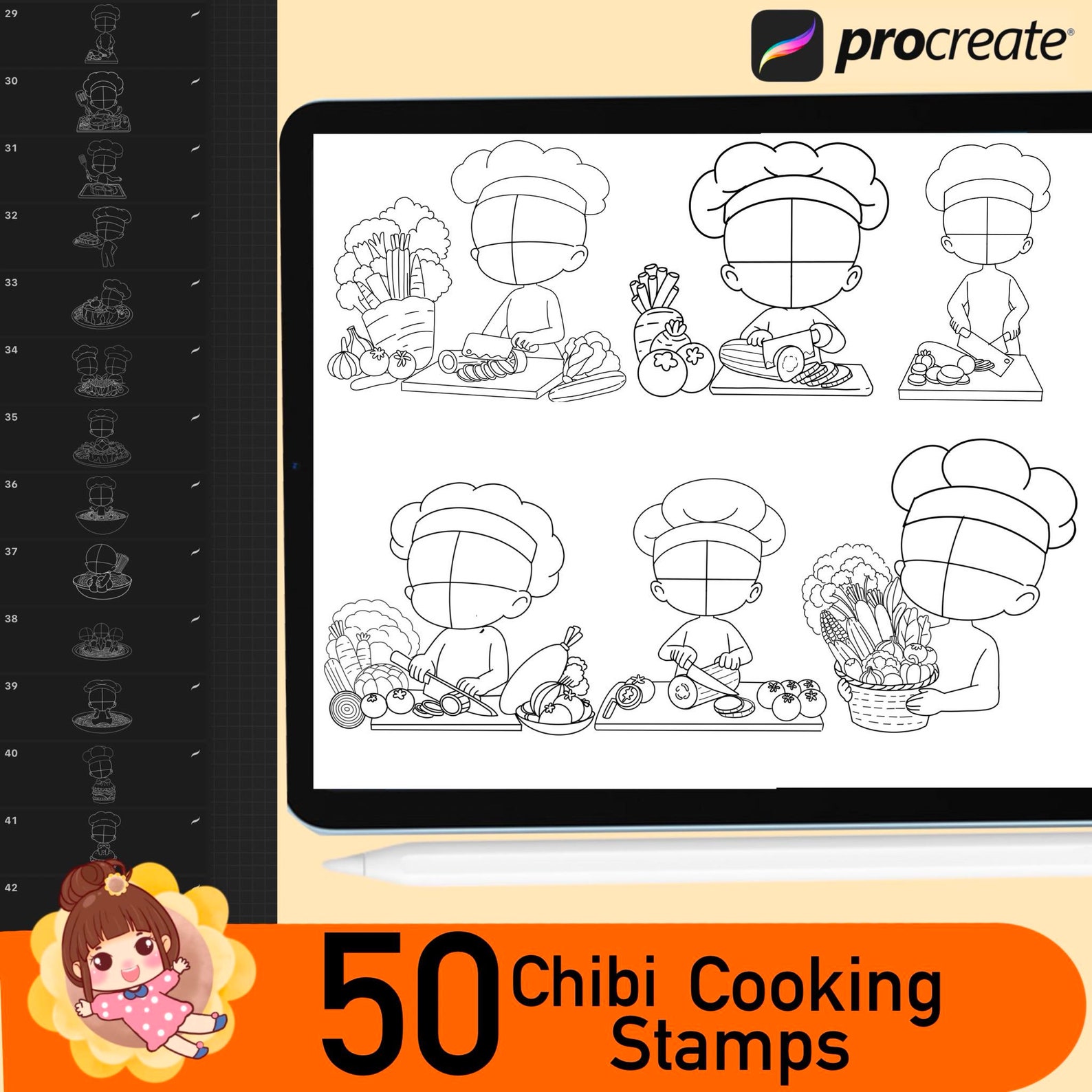 50 Procreate Chibi Cooking Poses Stamps, Cute Anime Manga, Cooking ...