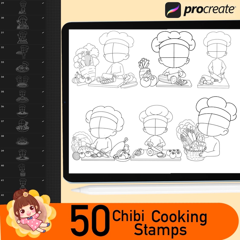 50 Procreate Chibi Cooking Poses Stamps, Cute Anime Manga, Cooking ...