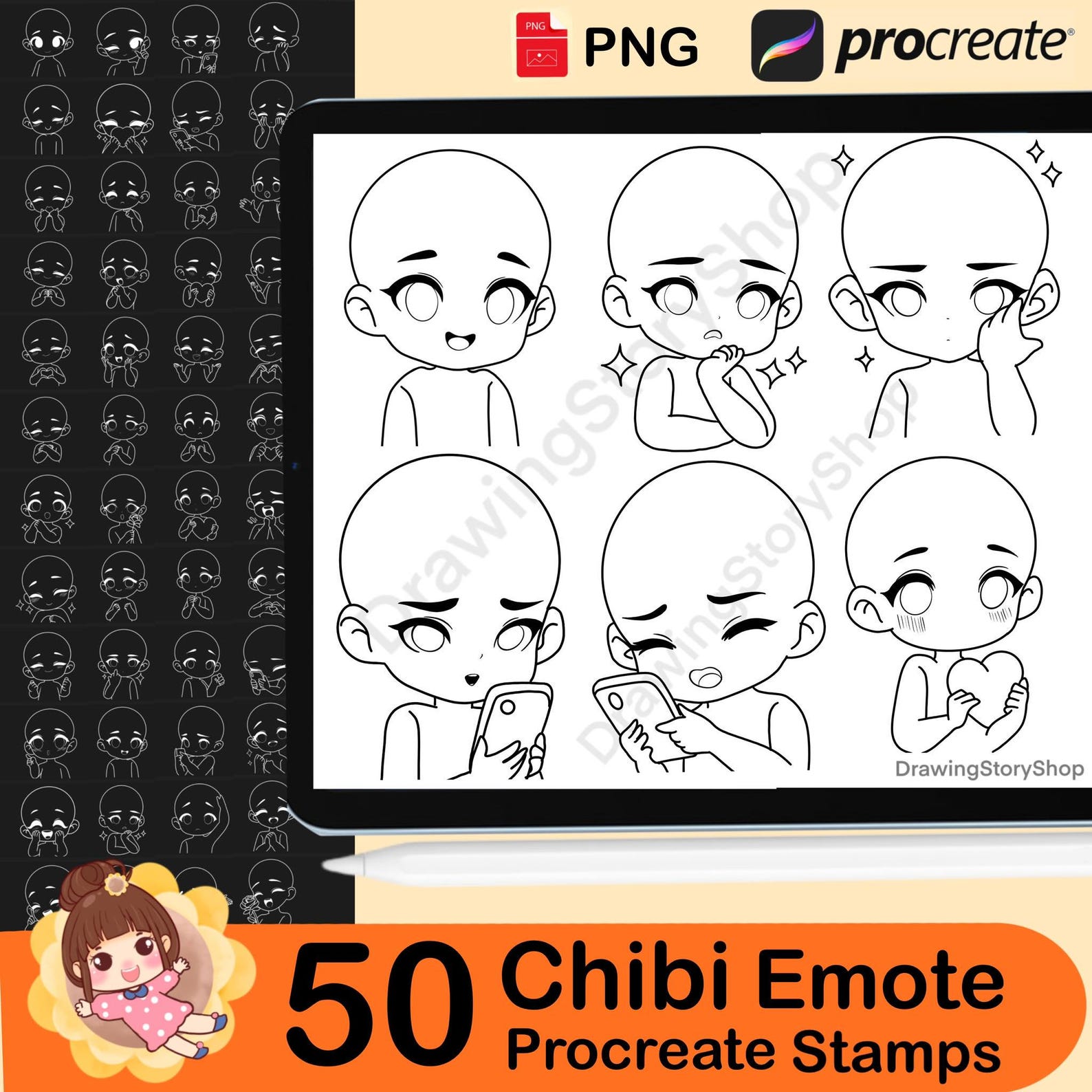 50 Chibi Emote Bases Stamps for Procreate, Anime Figure, Brushes ...
