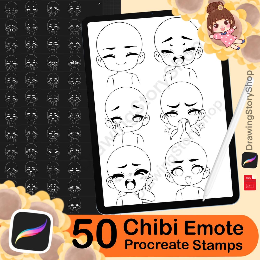 50 Chibi Emote Stamps for Procreate, Chibi Character Brush, Procreate ...