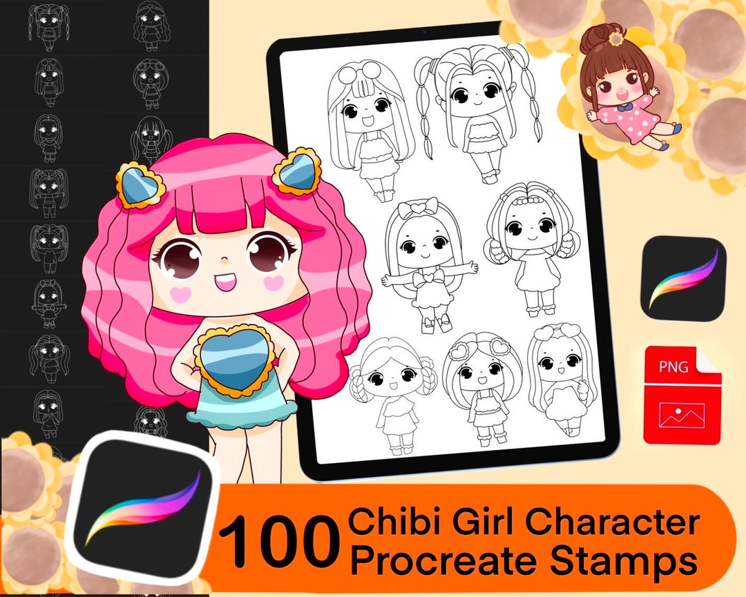 100 Procreate Chibi Girl Character Stamps, Chibi Girl Stamps , Chibi ...