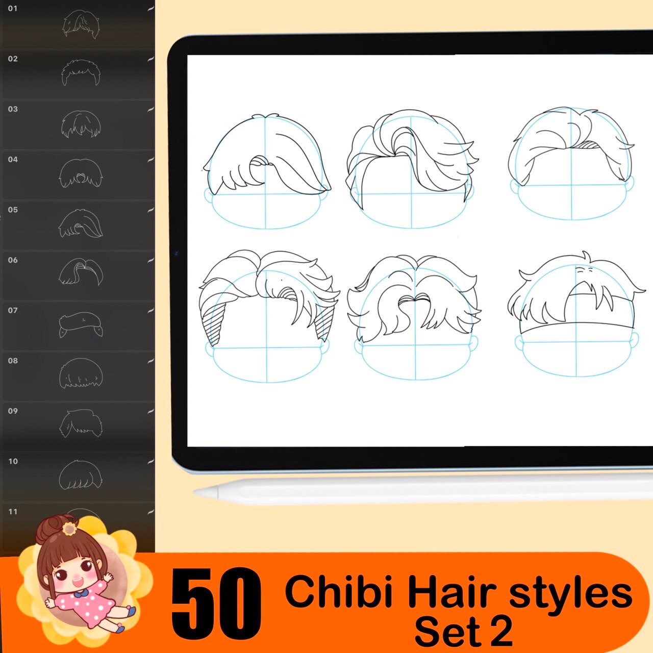 130 Procreate Hair Stamp Brushes, Chibi Hair Brushes, Hairstyles Stamps ...