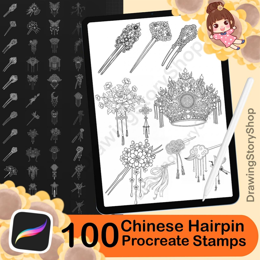 100 Chinese Hairpin Procreate Brushes Stamp, Ancient Hair Stick ...
