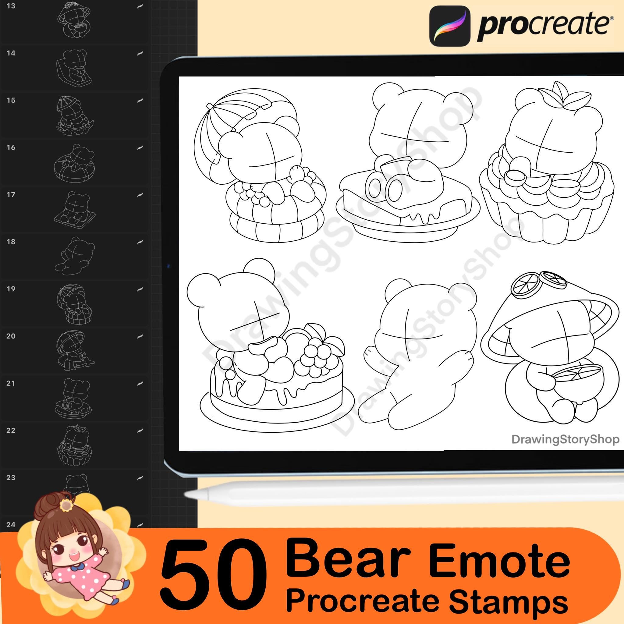 50 Bear Procreate Stamp Brushe Chibi Character Emote Set Cute Pose ...